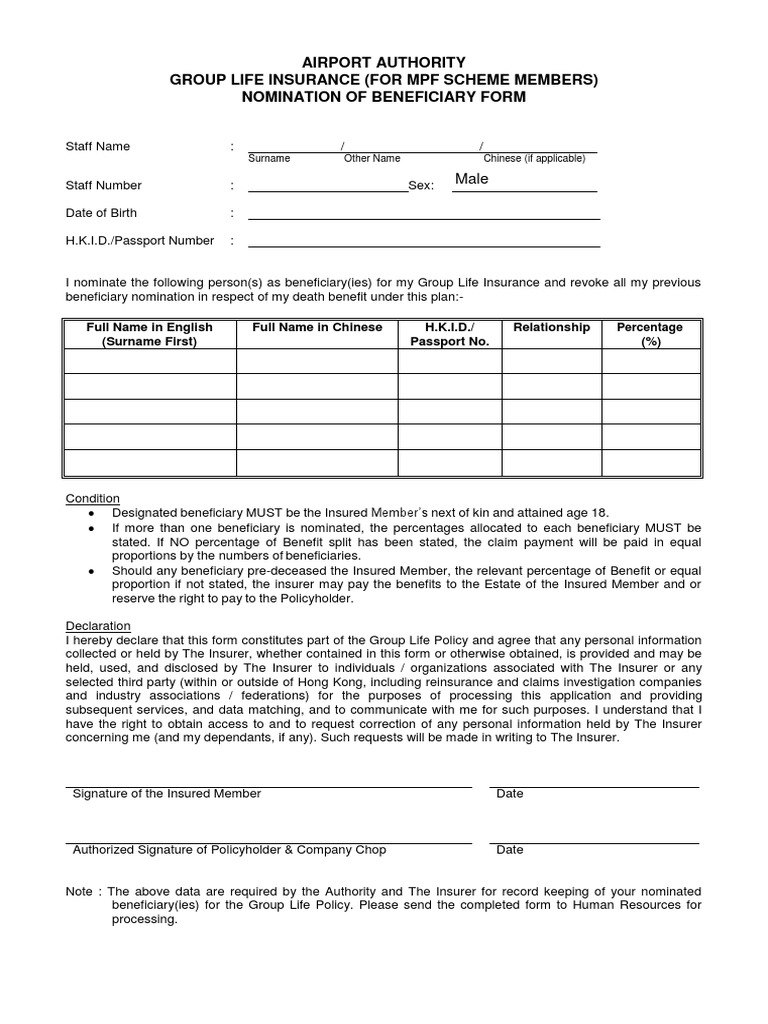 Nomination of Beneficiary Form For MPF Scheme Members | PDF | Life ...