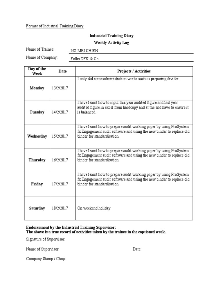 Industrial Training Weekly Diary Format | PDF