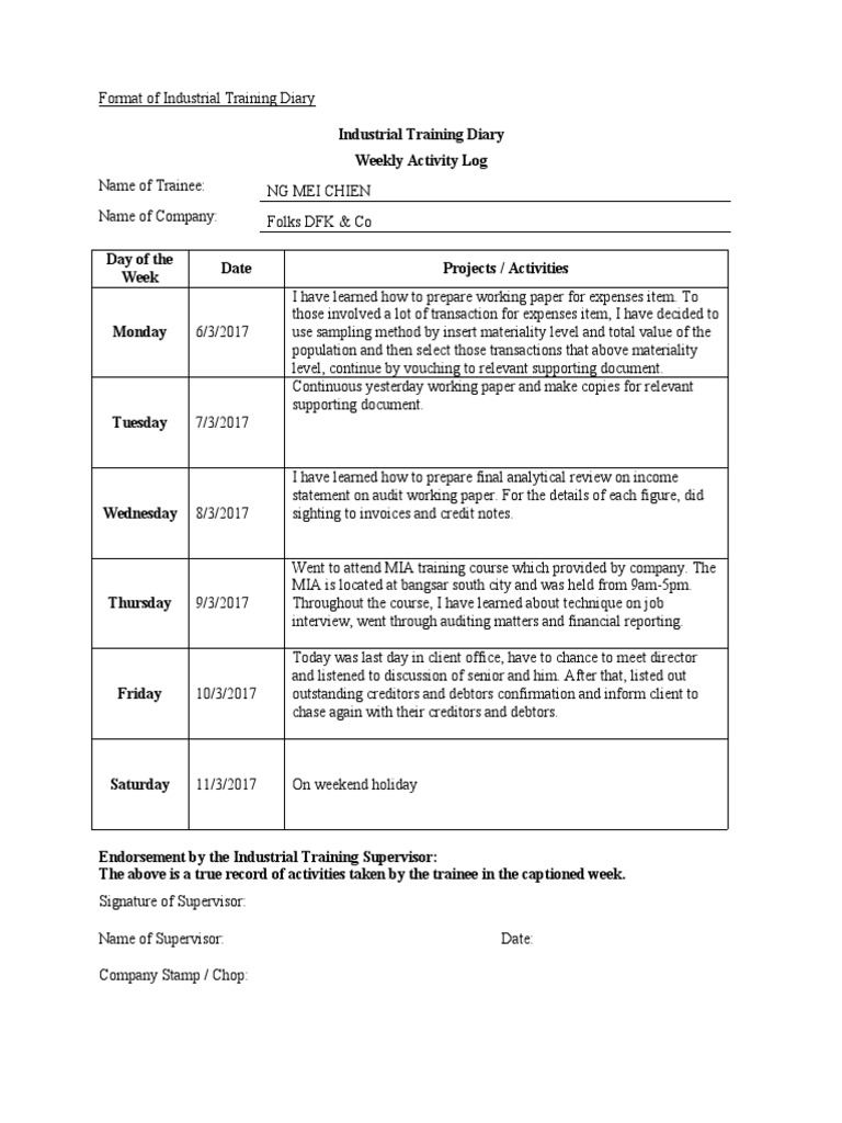 Industrial Training Diary - W5 | PDF