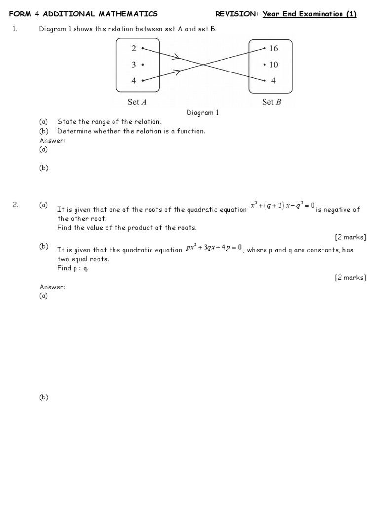 Form 4 Additional Mathematics Revision Pat | PDF | Quadratic Equation ... Form 4 Additional Mathematics Revision Pat | PDF | Quadratic Equation ...