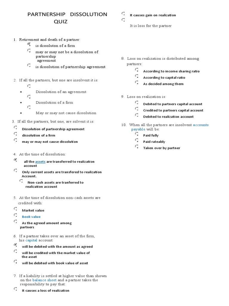 Partnership Dissolution Quiz | PDF | Debits And Credits | Book Value