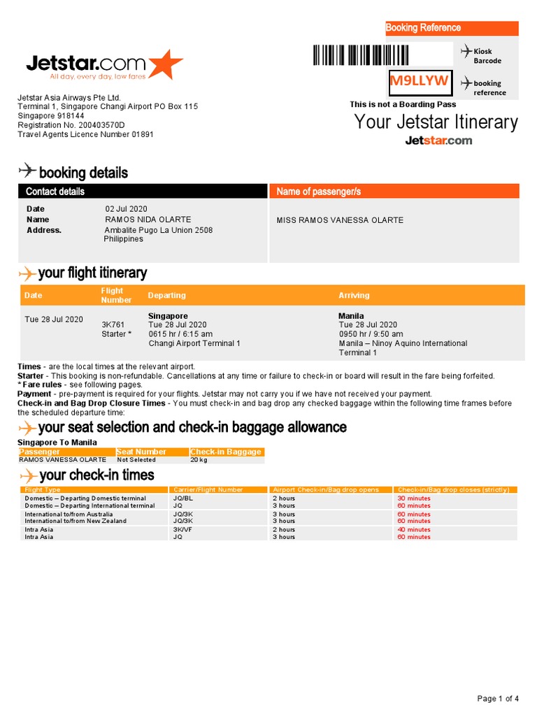 Your Jetstar Itinerary: Booking Details | PDF | Frequent Flyer Program ...