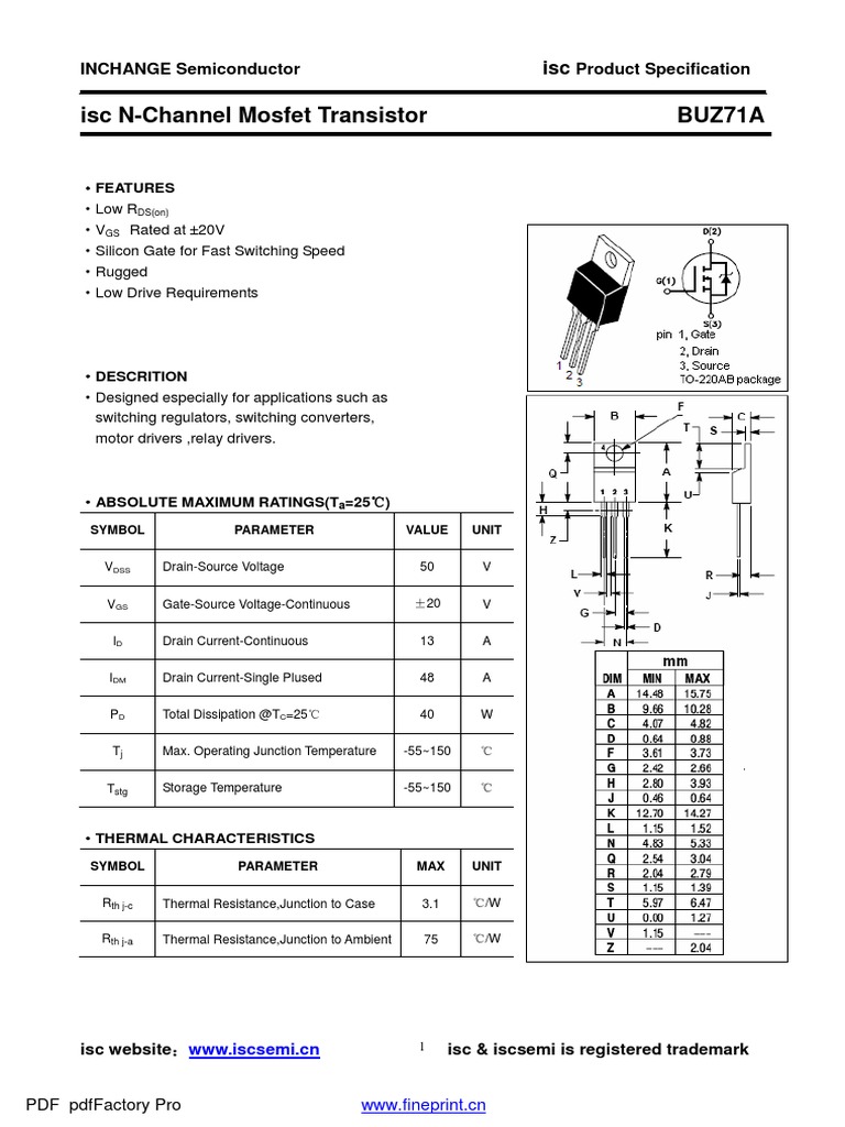 Isc N-Channel Mosfet Transistor BUZ71A: INCHANGE Semiconductor Product ...