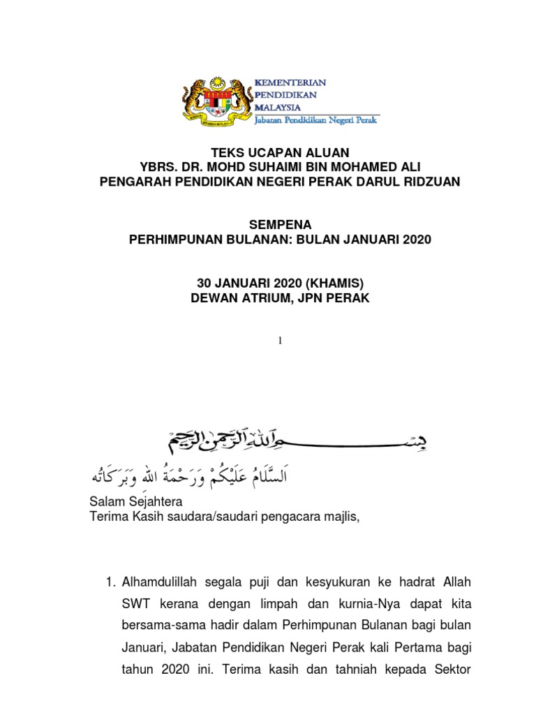 Teks Ucapan Aluan Pengarah Perhimpunan Januari 2020 | PDF