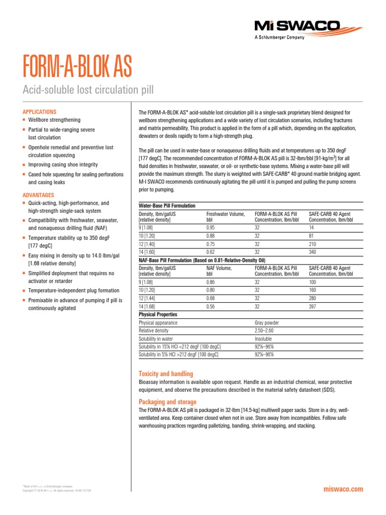 Form-A-Blok As: Acid-Soluble Lost Circulation Pill | PDF | Casing ...