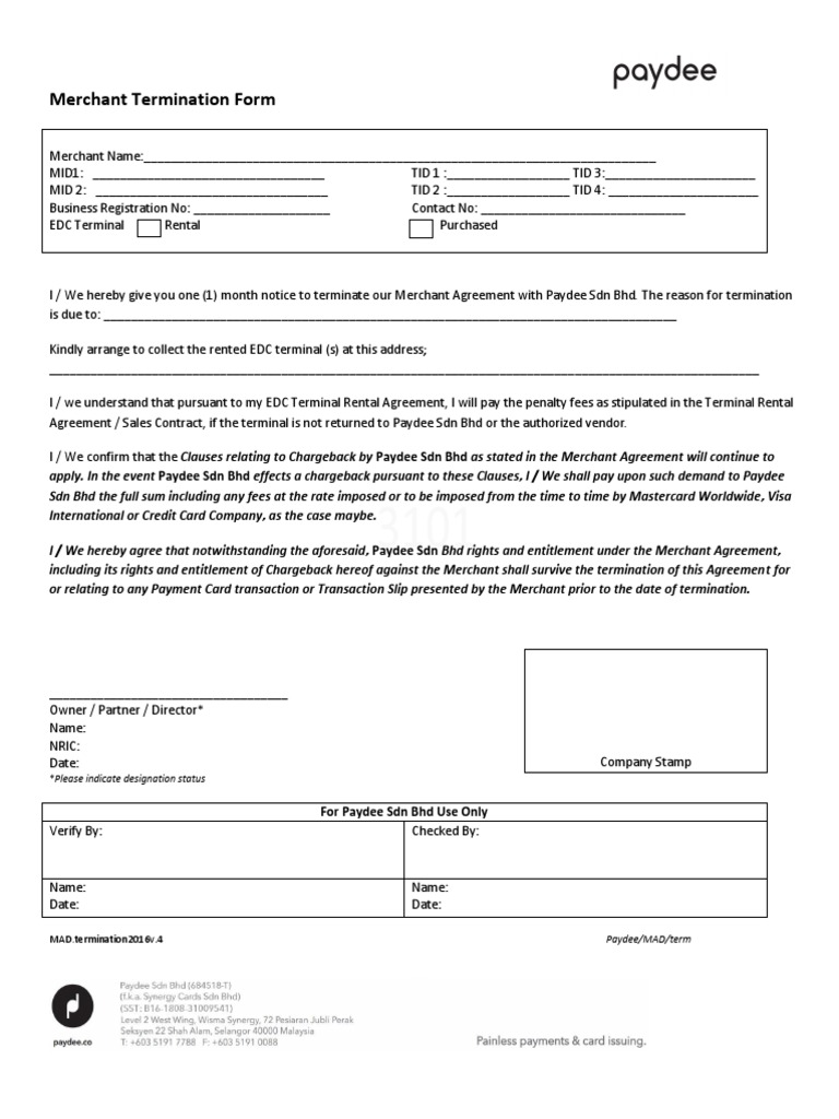 Merchant Termination Form - Paydee SDN BHD | PDF | Private Law ...