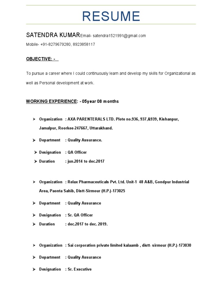 Satendra Kumar Resume | PDF | Quality Assurance | Business