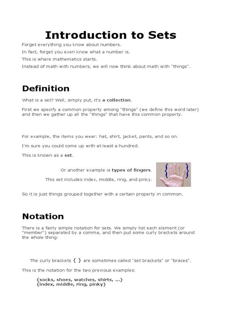 Introduction To Sets: (Socks, Shoes, Watches, Shirts, ... ) (Index ...