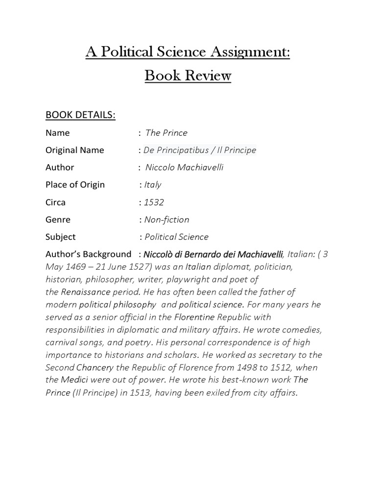 Assignment 1 - Book Review (The Prince) PDF | PDF | The Prince ...