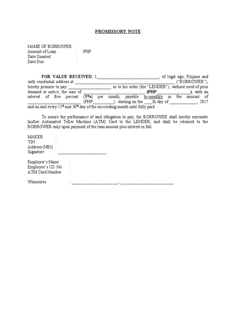 Promissory Note: FOR VALUE RECEIVED, I, - , of Legal Age, Filipino and ...
