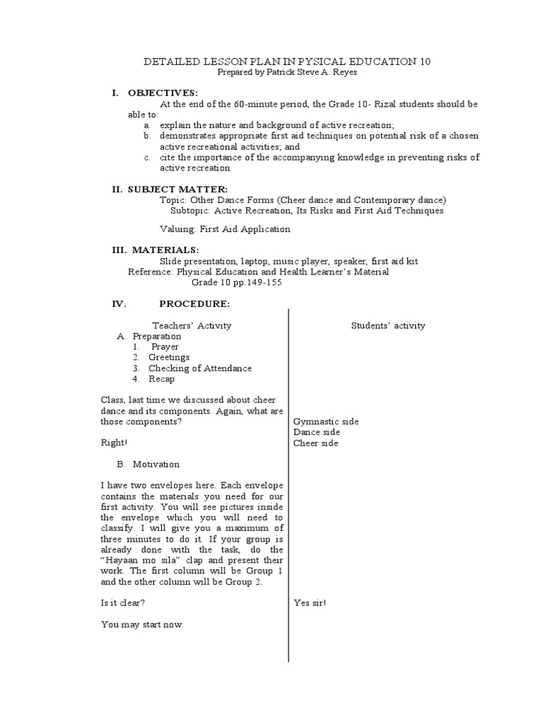 Detailed Lesson Plan in Pysical Education 10: I. Objectives | PDF ...