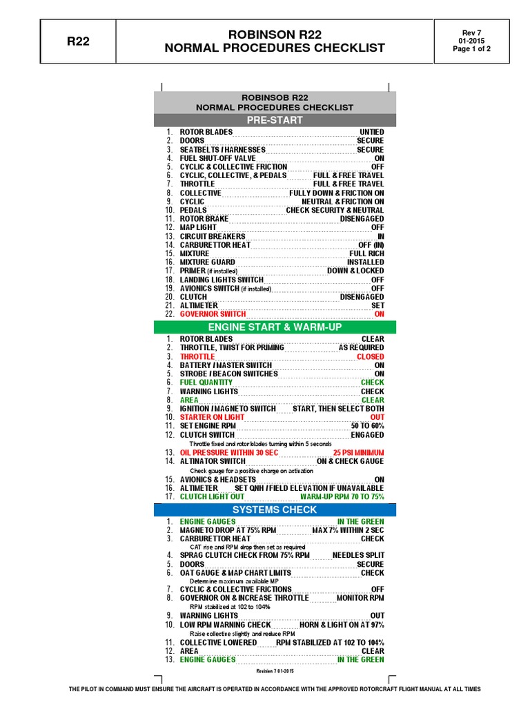 B2 ROBINSON R22 Normal Procedures Checklist - (R7) | PDF | Clutch ...