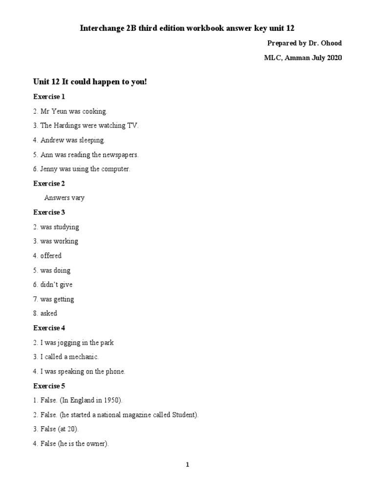 Interchange 2B Third Edition Workbook Answer Key Unit 12: Prepared by ...