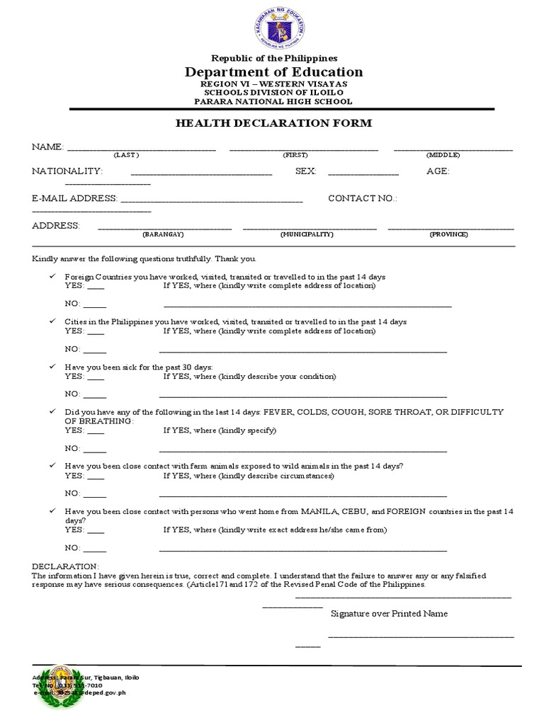 Department of Education: Health Declaration Form | PDF