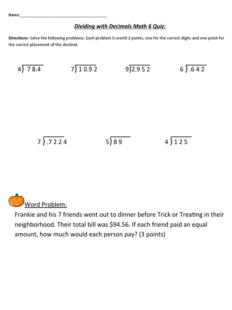 Dividing With Decimals Math 6 Quiz:: The Correct Placement of The ...