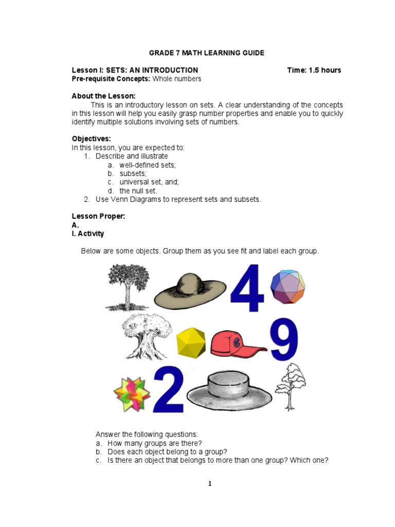 Lesson I: Sets: An Introduction Time: 1.5 Hours: Grade 7 Math Learning ...