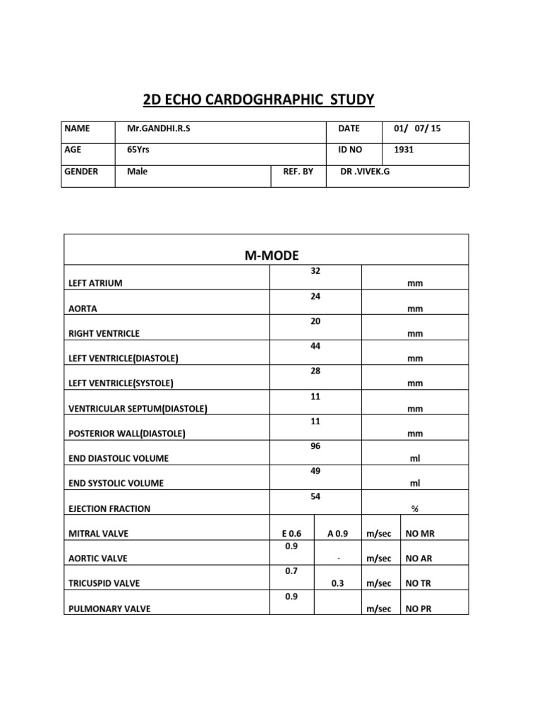 2D Echocardiogram Report for 65-Year-Old Male with Mild Left Atrial and Left Ventricular ...