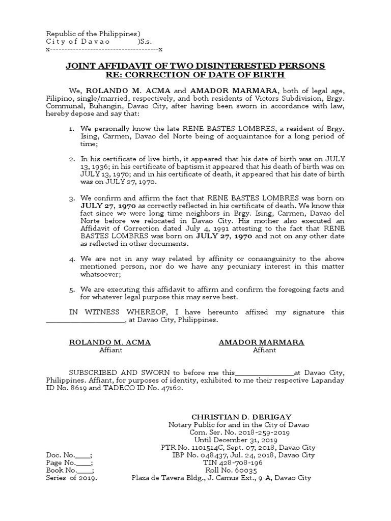 Correction Date of Birth | PDF | Affidavit | Evidence