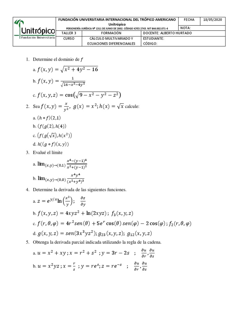 Taller 3-Cálculo de Varias Variables G2 PDF | PDF | Análisis funcional ...