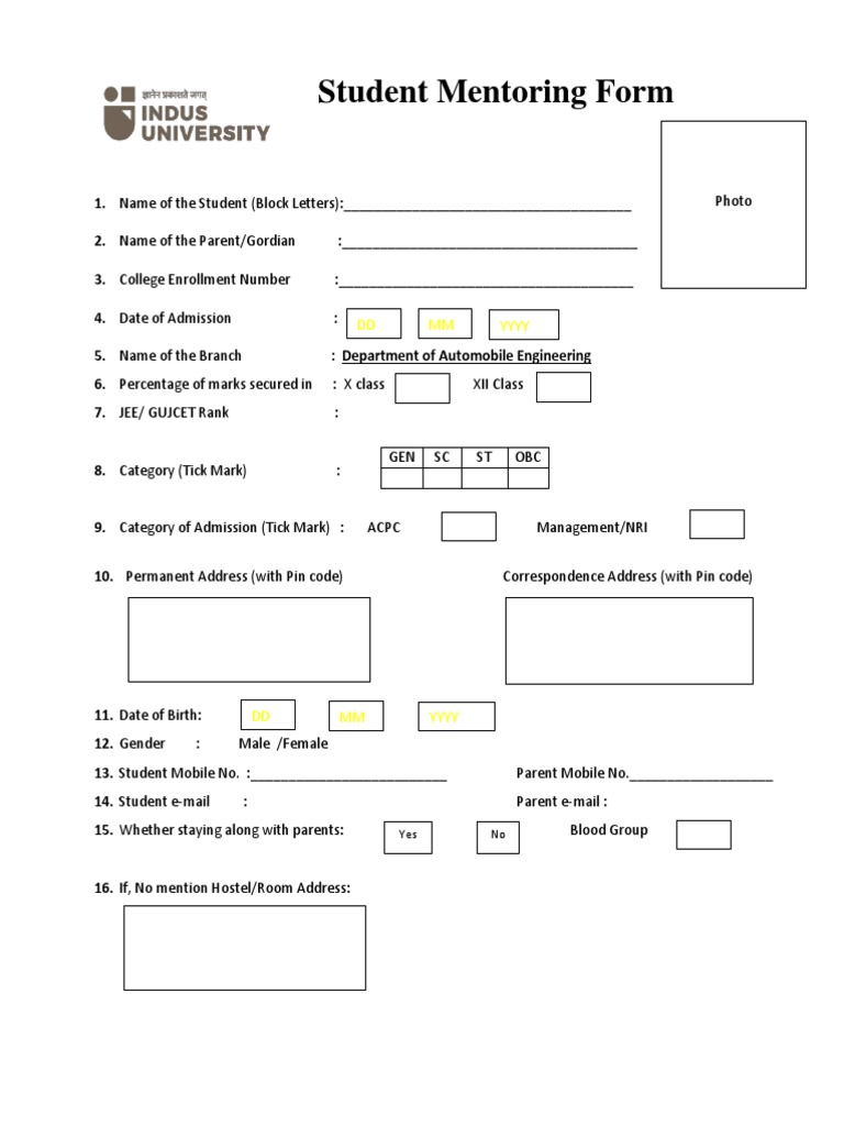Student Mentoring Form | PDF | Cognition | Learning