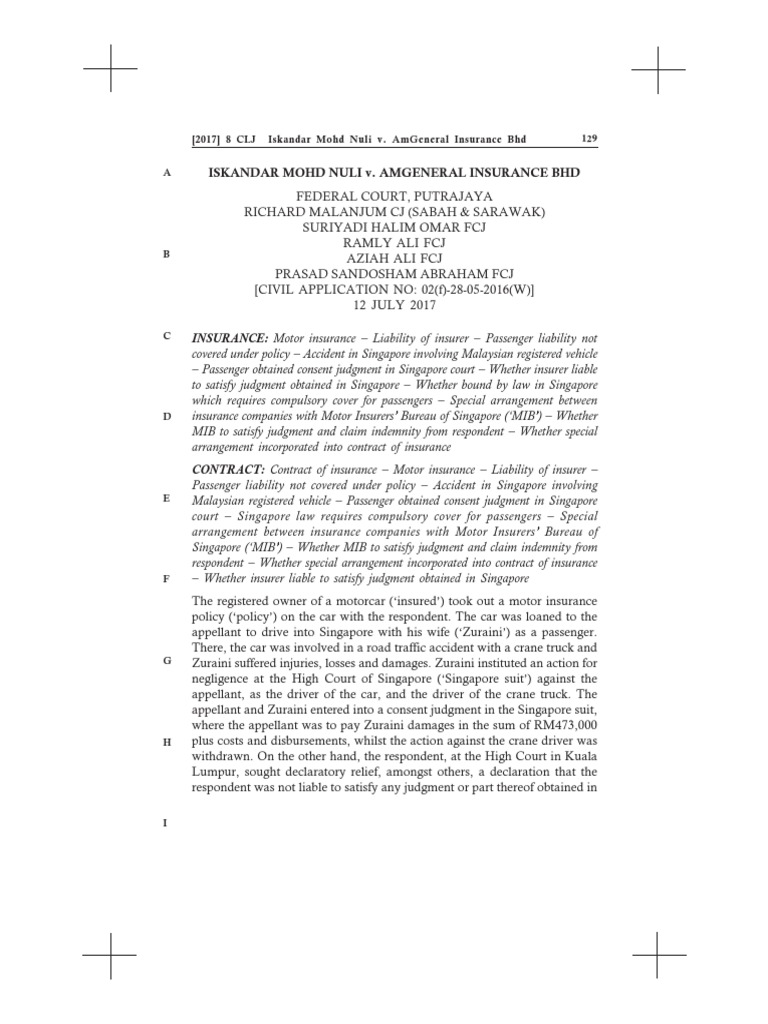 129 (2017) 8 CLJ Iskandar Mohd Nuli V. Amgeneral Insurance BHD | PDF ...