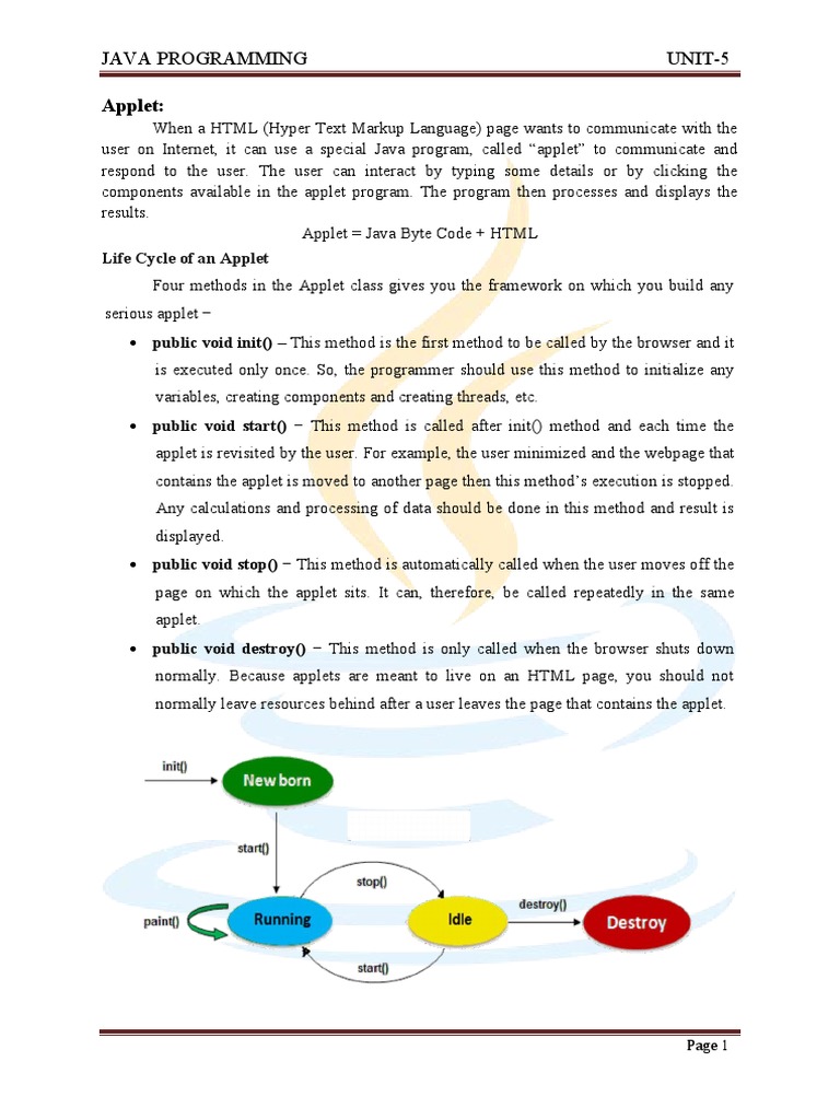 Applet:: Java Programming UNIT-5 | PDF | Class (Computer Programming) | World Wide Web