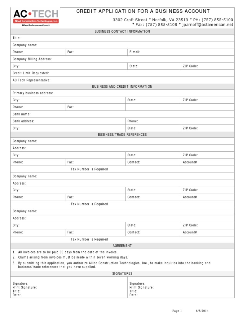 Actech - Credit - Application 05 2014plc Optimized Form Fill | PDF | Computing | Business