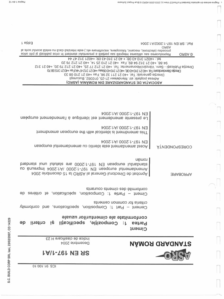 SR EN 197-1 A1-2004 H23 Ciment. Partea 1. Compozitie, Specificatii Si ...