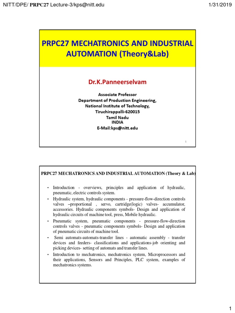 Prpc27 Mechatronics and Industrial AUTOMATION (Theory&Lab) : Dr.K ...
