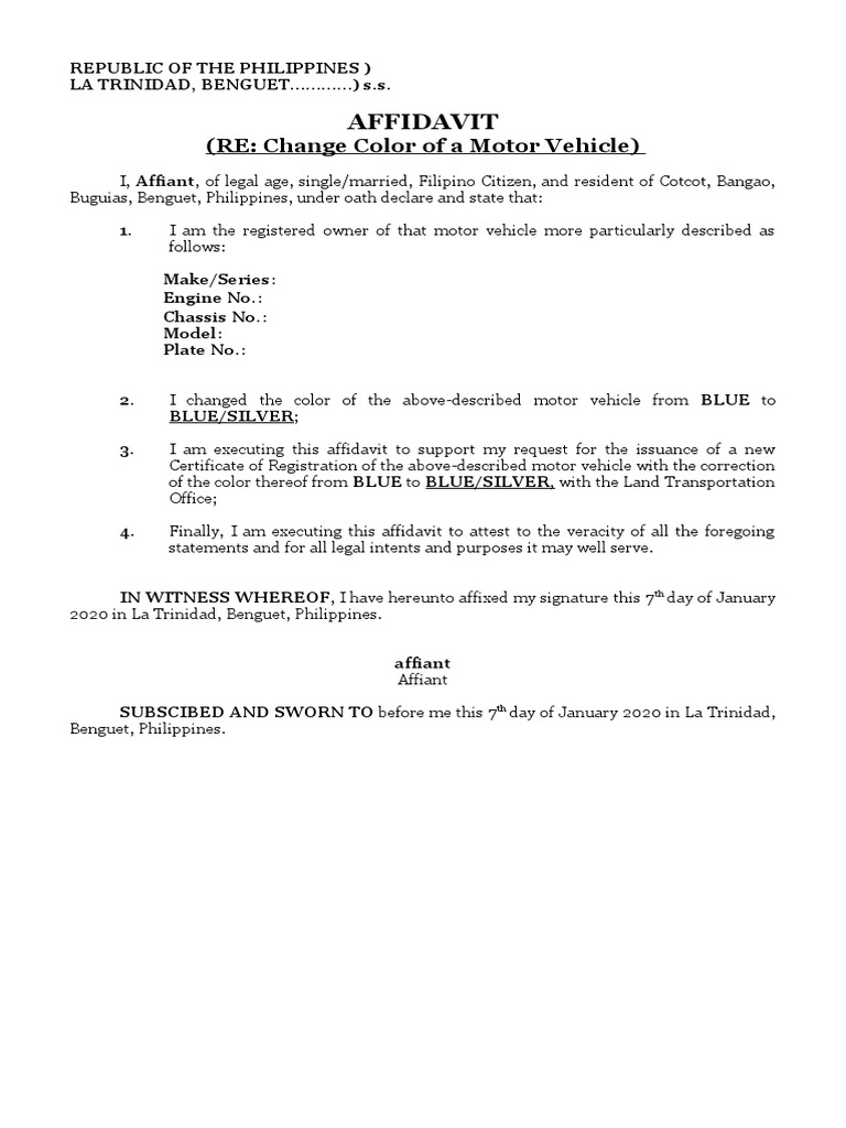 Vehicle Color Change Affidavit | PDF | Law