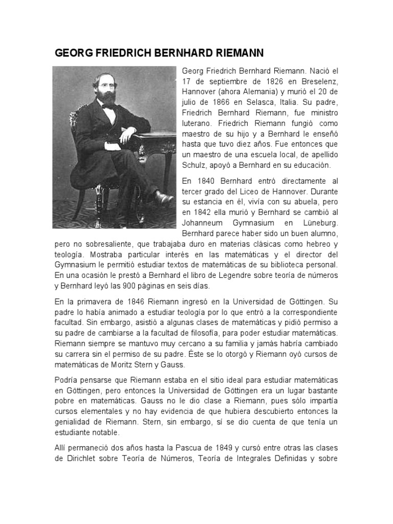 Georg Friedrich Bernhard Riemann | PDF | Análisis complejo | Enseñanza ...