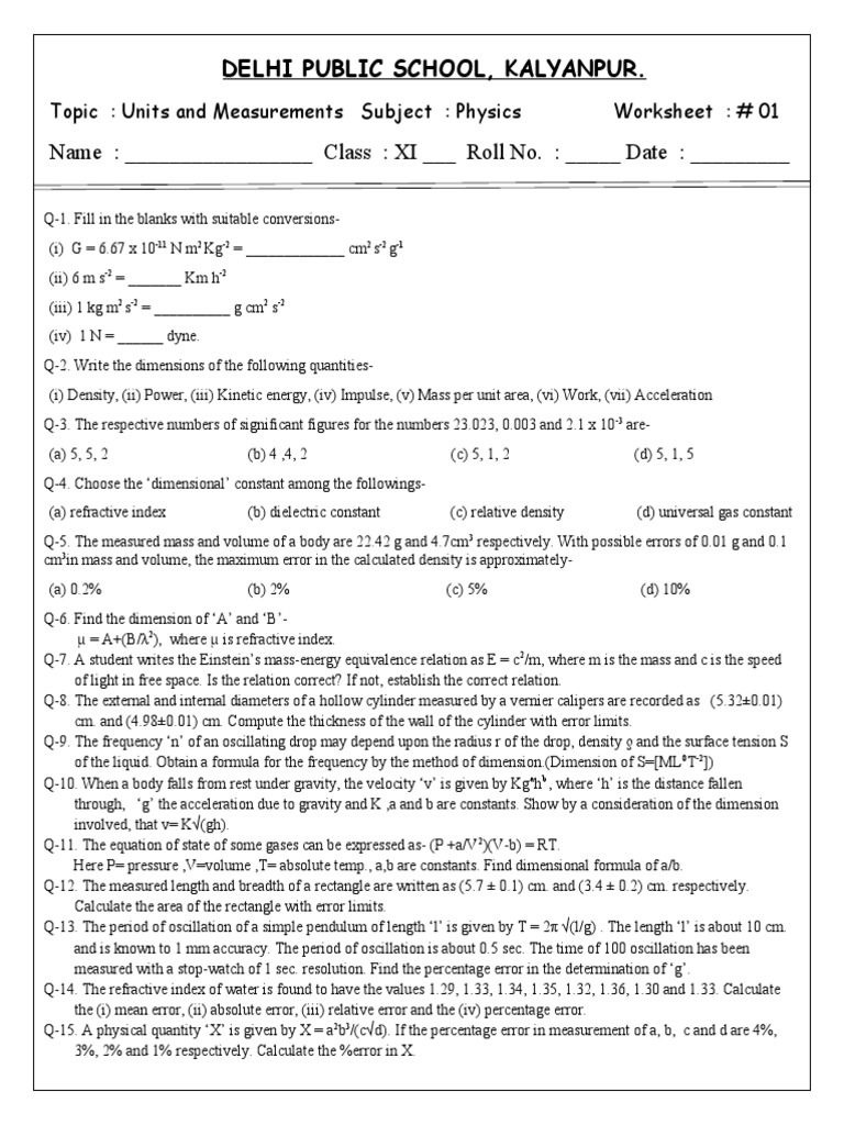 Physics Worksheet: Units & Measurements | PDF | Density | Length