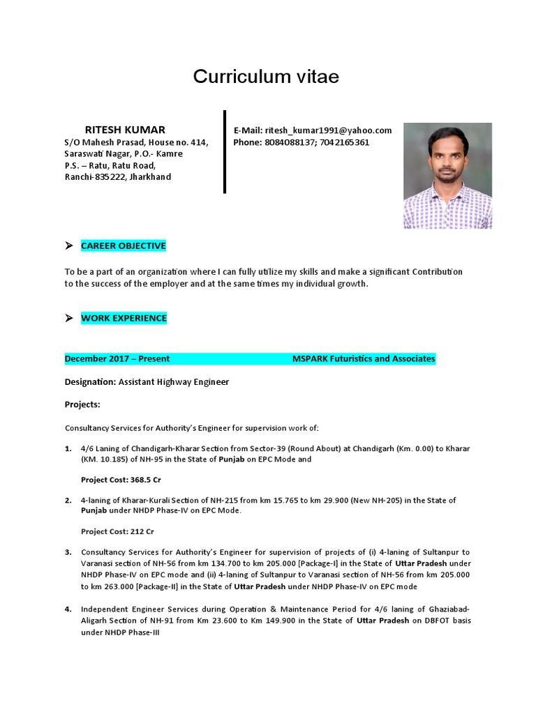 Curriculum Vitae: Ritesh Kumar | PDF | Road | Road Surface
