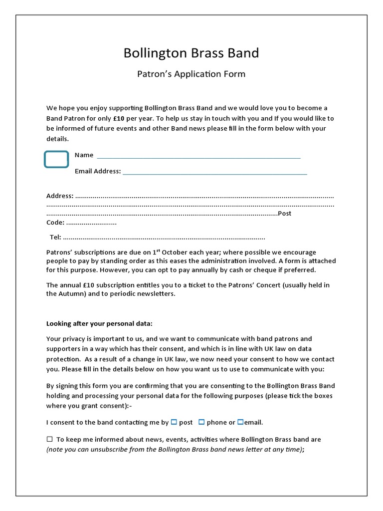 Bollington Brass Band Patron Form | PDF | Cheque | Justice