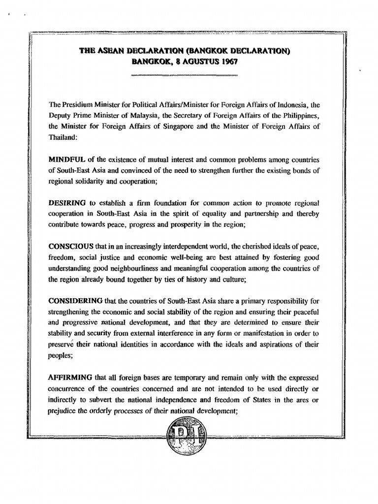 ASEAN Bangkok Declaration 1967 PDF | PDF | Association Of Southeast ...