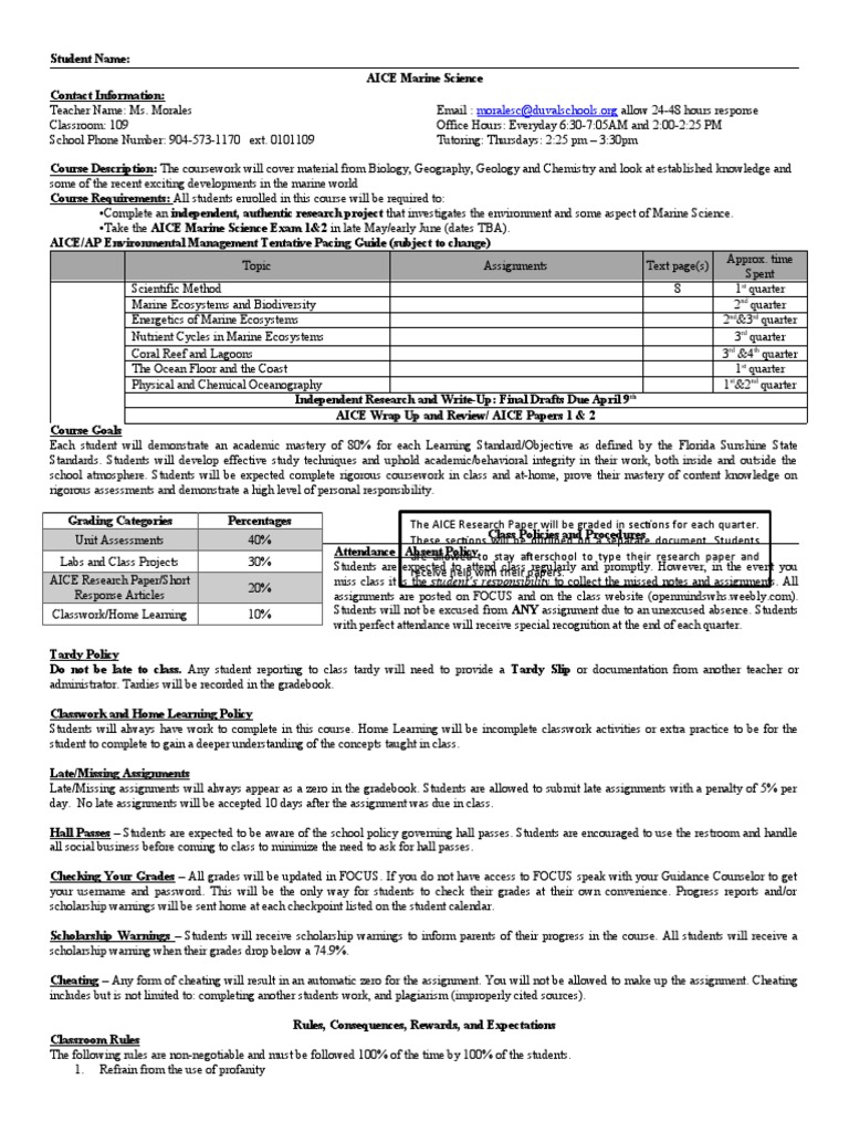 Aice Marine Science Syllabus 20-21 | PDF | Marine Biology | Oceanography