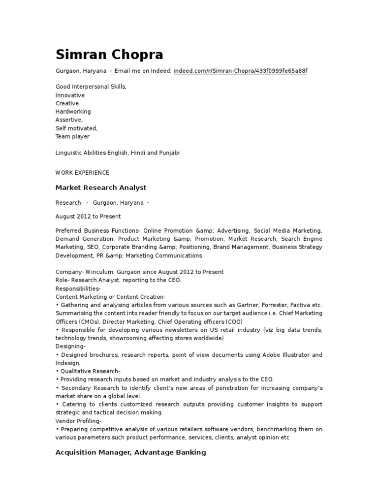 Simran Chopra: Market Research Analyst | PDF | Sales | Marketing Research