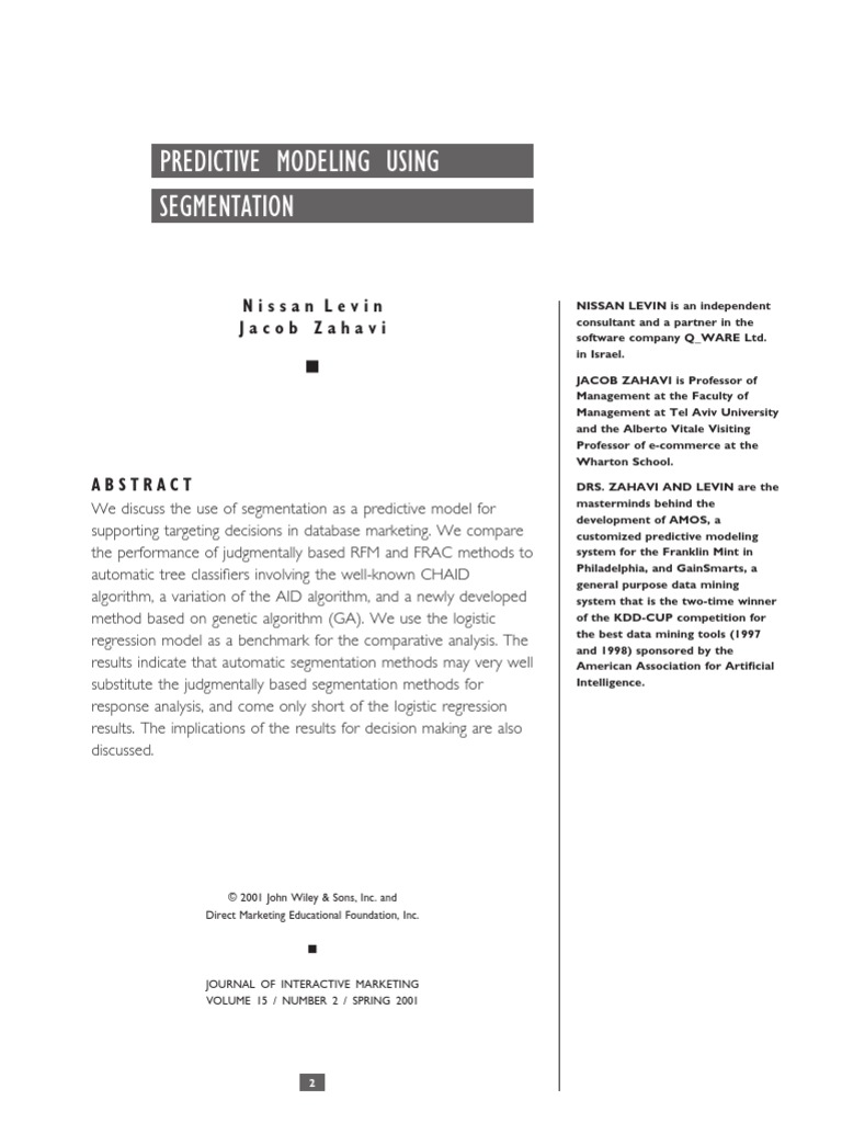 Predictive Modeling Using Segmentation Nissanlevin Jacob Zahavi Pdf Market Segmentation