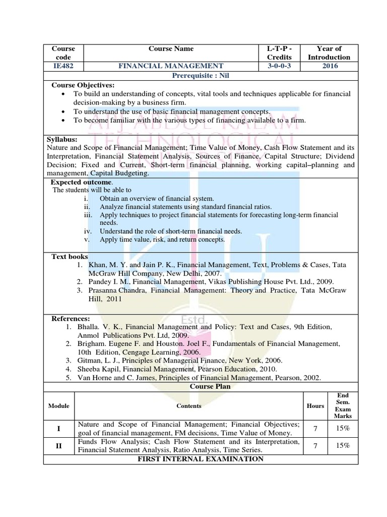 IE482 Financial Management 3-0-0-3 2016 Prerequisite: Nil: Course Code Course Name L-T-P ...