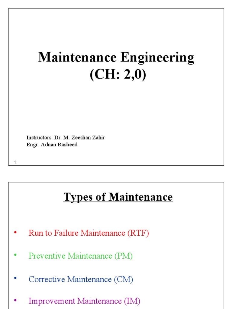Maintenance Engineering (CH: 2,0) : Instructors: Dr. M. Zeeshan Zahir ...