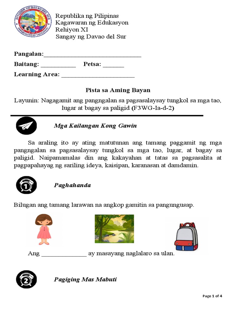Activity Sheet Filipino WEEK 1 | PDF