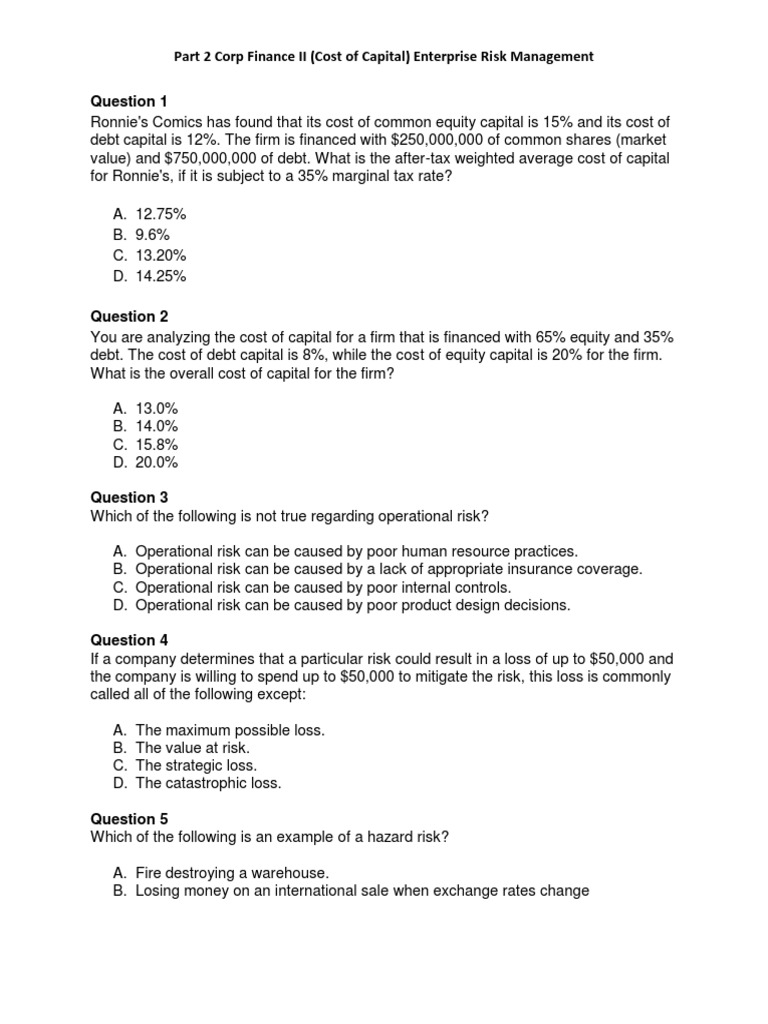 Part 2 Corp Finance II (Cost of Capital) Enterprise Risk Management ... Part 2 Corp Finance II (Cost of Capital) Enterprise Risk Management ...