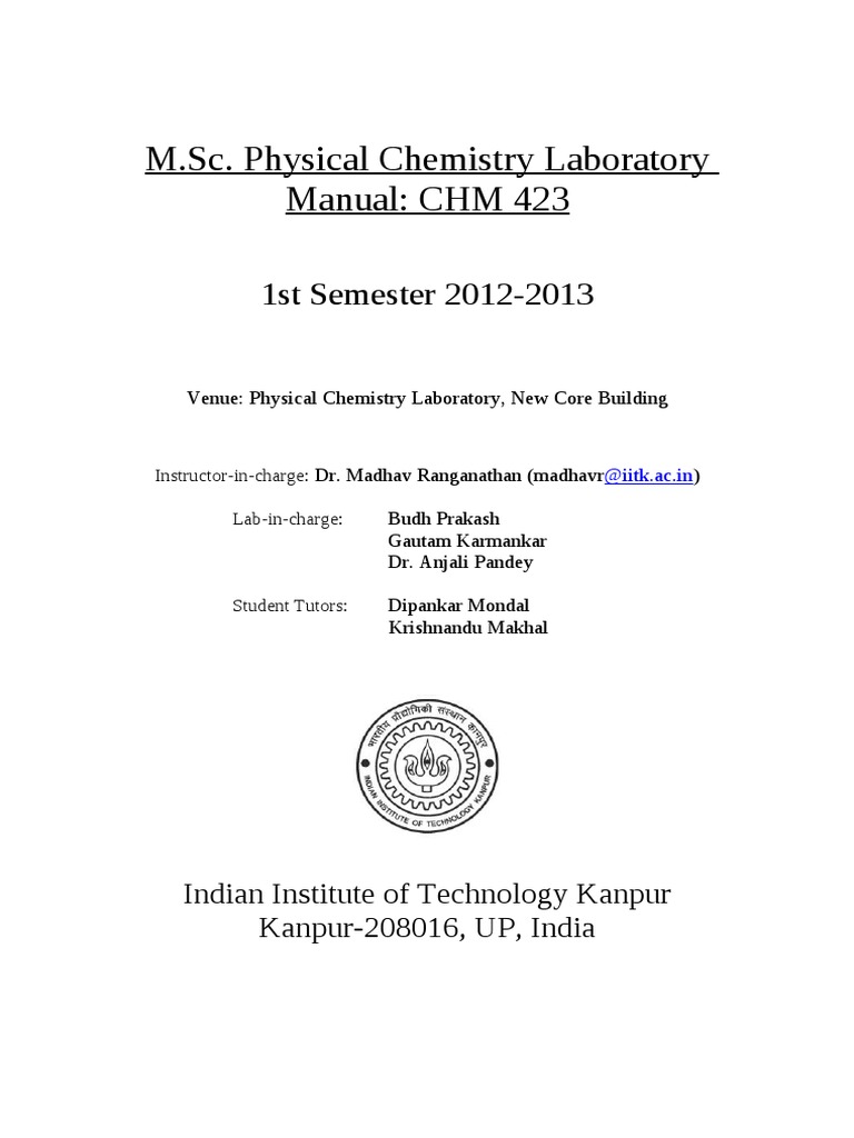 M.Sc. Physical Chemistry Laboratory Manual: CHM 423: 1st Semester 2012 ...