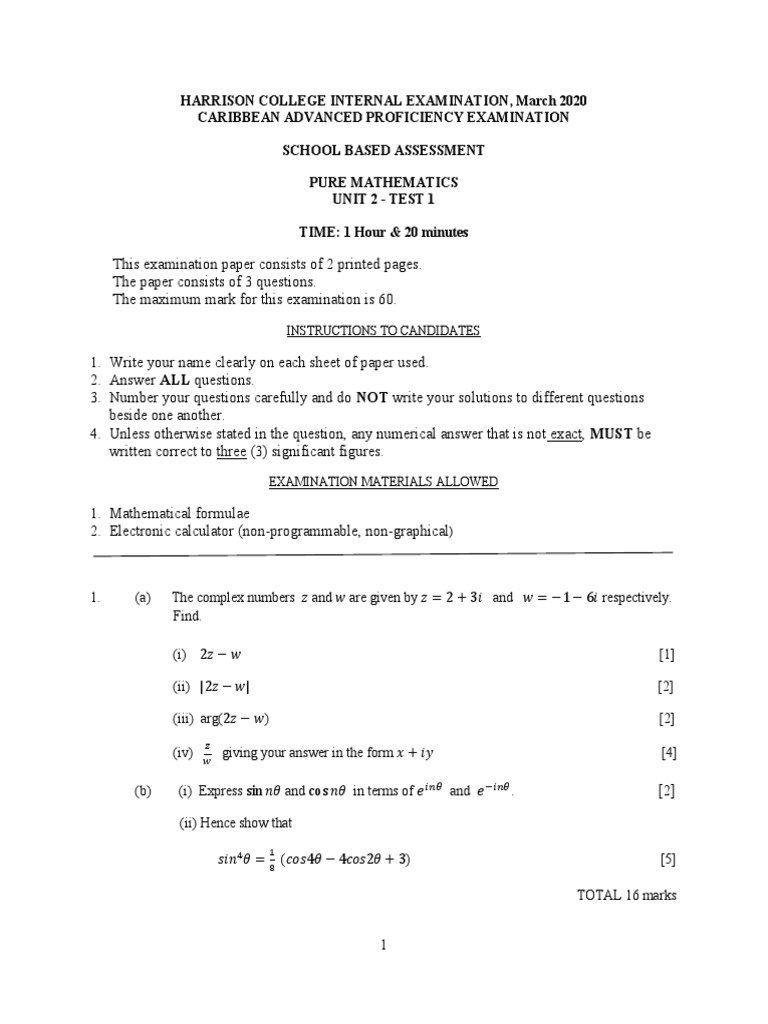 Analysis of a Pure Mathematics Examination Testing Concepts of Complex ...