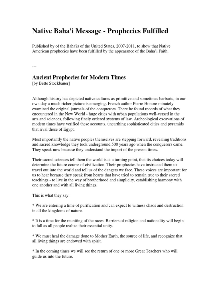 Native Baha'i Message - Prophecies Fulfilled: Ancient Prophecies For ...