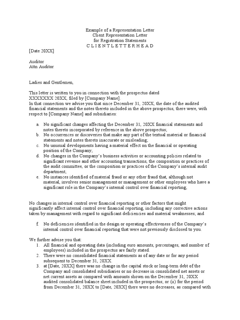 Example of A Representation Letter | PDF | Internal Control | Financial ...
