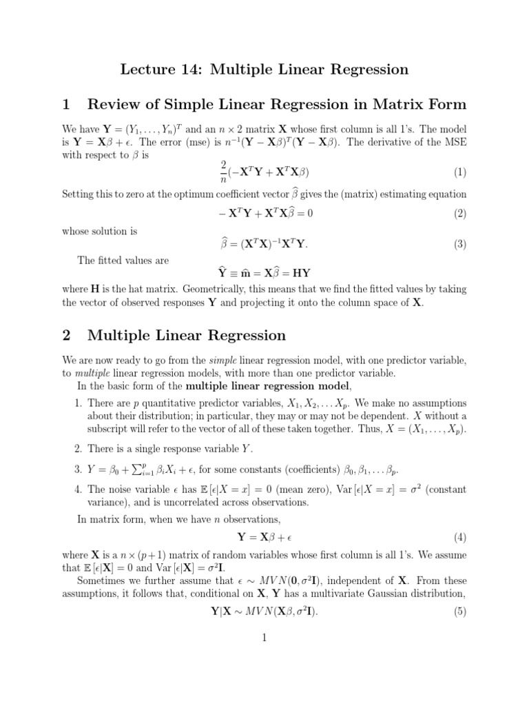 Lecture 14: Multiple Linear Regression 1 Review of Simple Linear ...