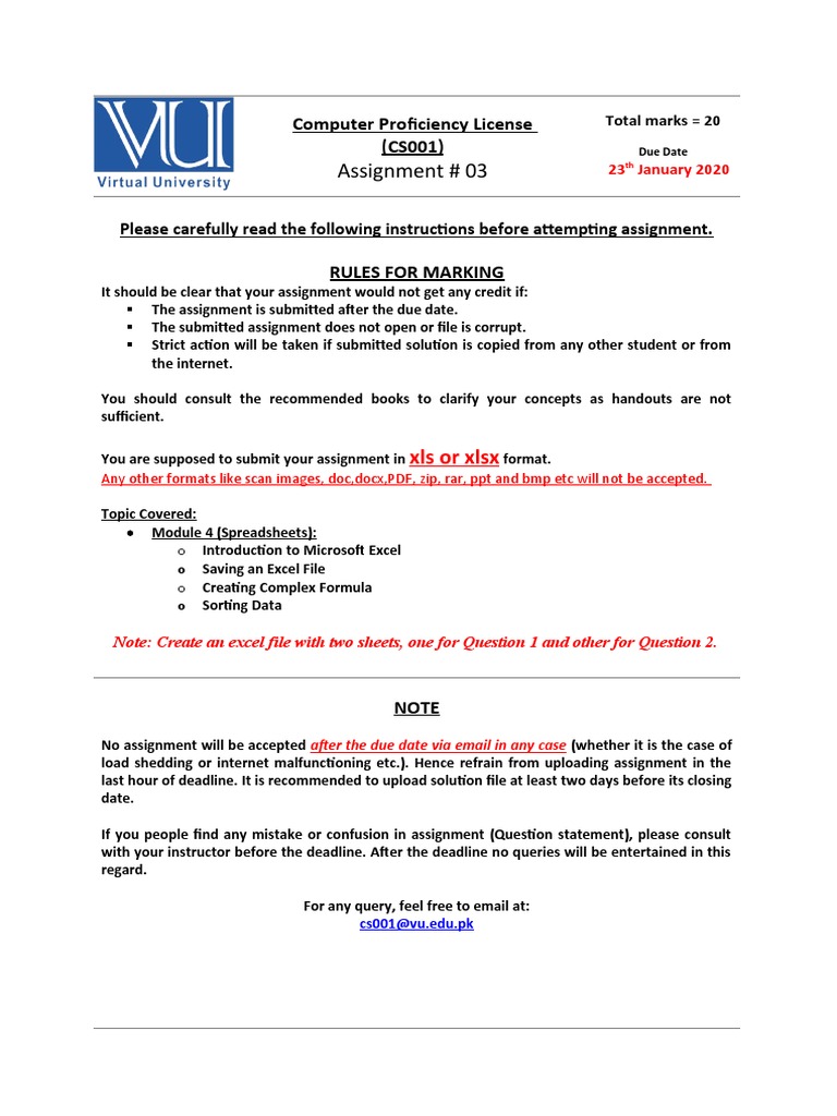 Assignment # 03: Computer Proficiency License (CS 001) | PDF | Formula ...