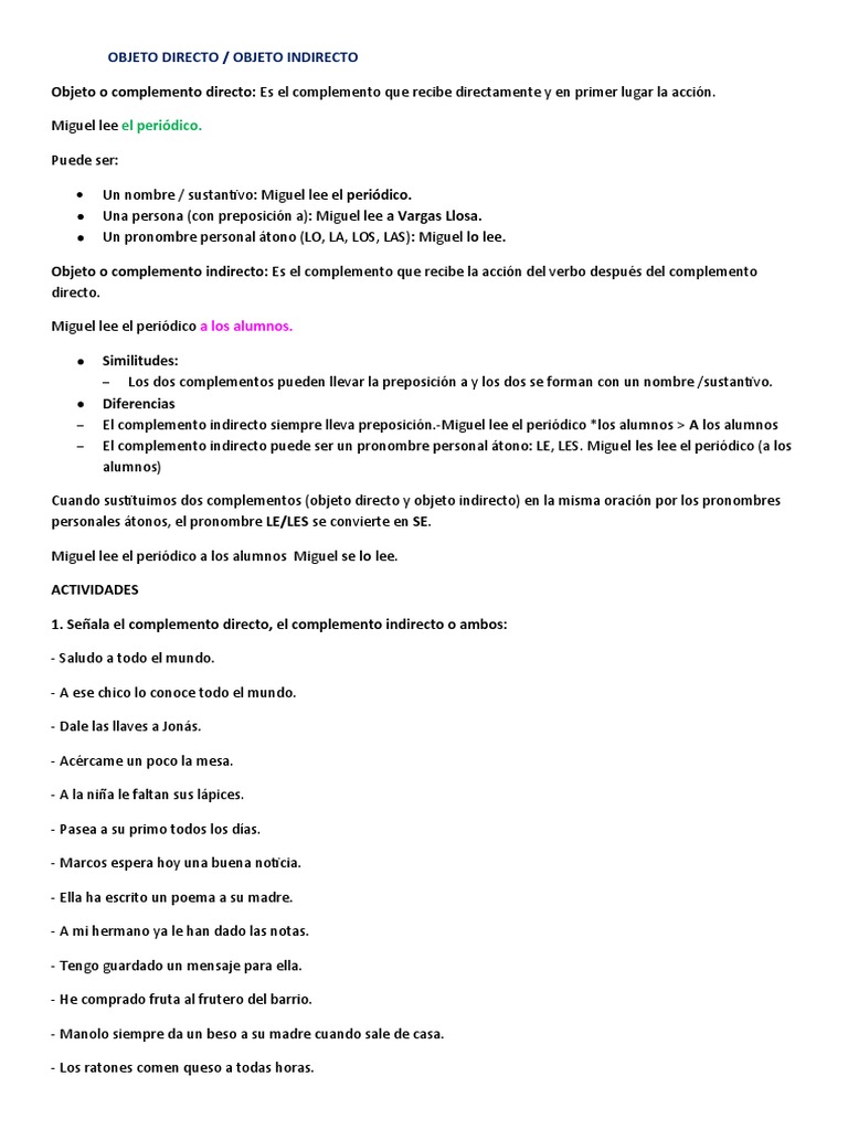 Complementos Directos e Indirectos | PDF | Objeto (gramática) | Tipología Lingüística