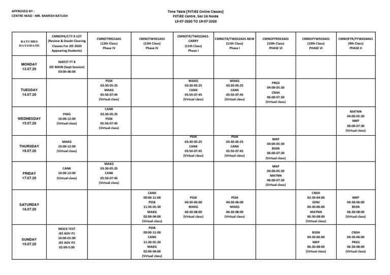 Click Here For Time Table of Fiitjee Sec-16, Noida PDF | PDF